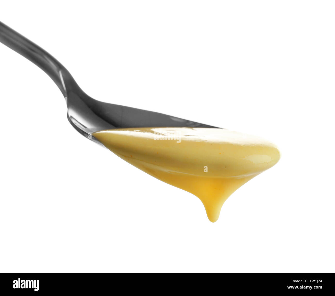 Creamy cheese pouring from spoon, isolated on white Stock Photo - Alamy