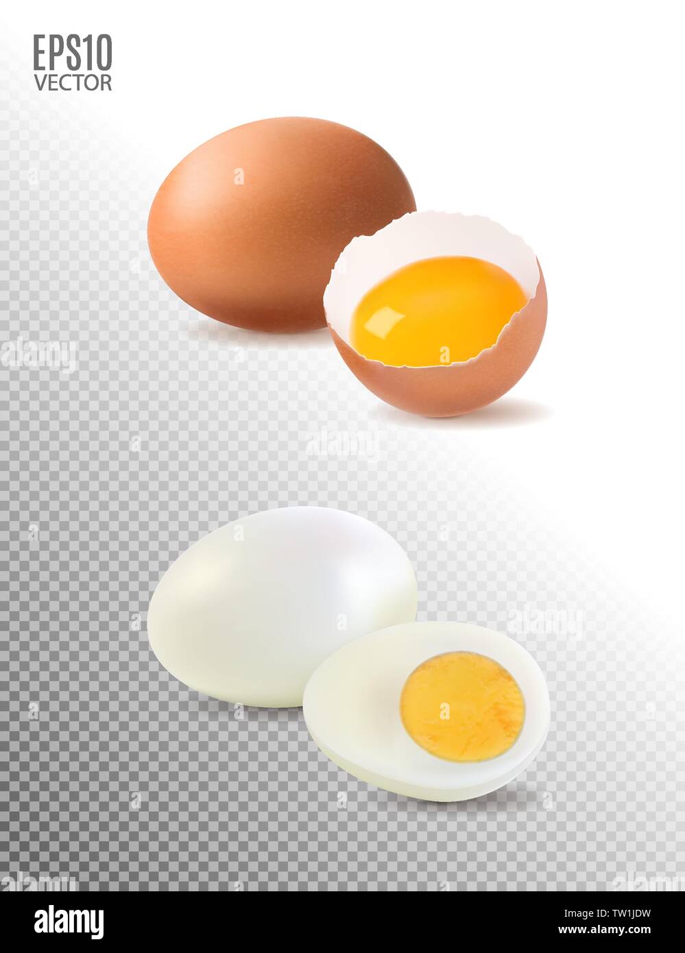 Hard boiled and raw eggs realistic set isolated on transparent ...