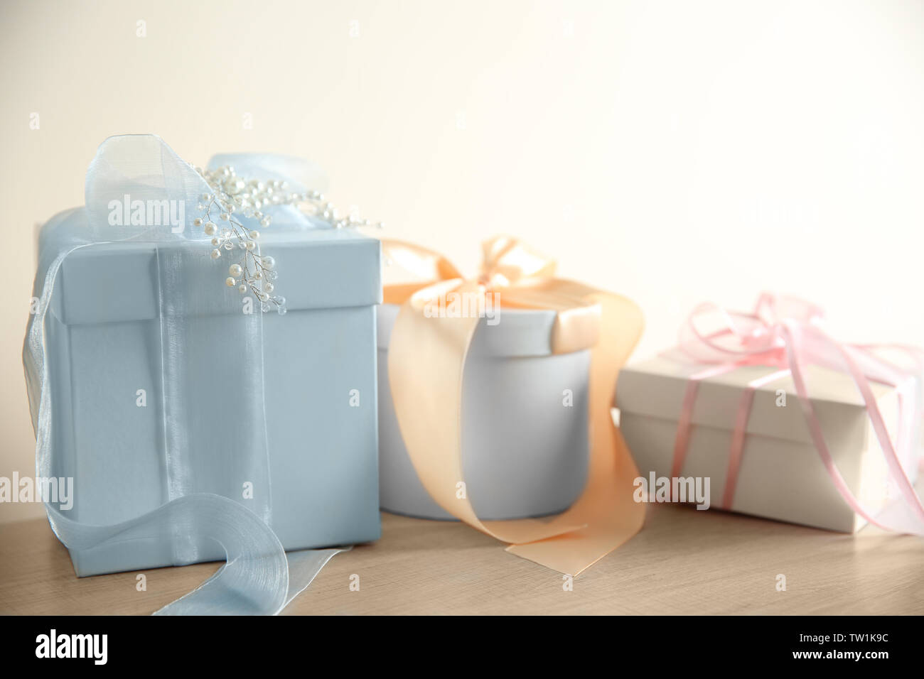 Table with gift boxes for wedding day Stock Photo - Alamy
