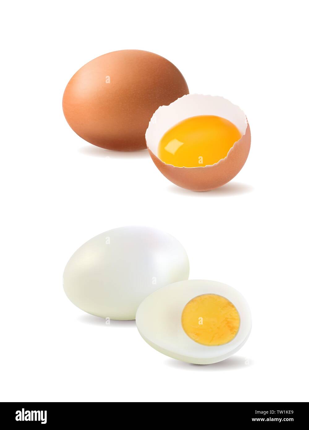 Hard boiled and raw eggs realistic set isolated on white background ...