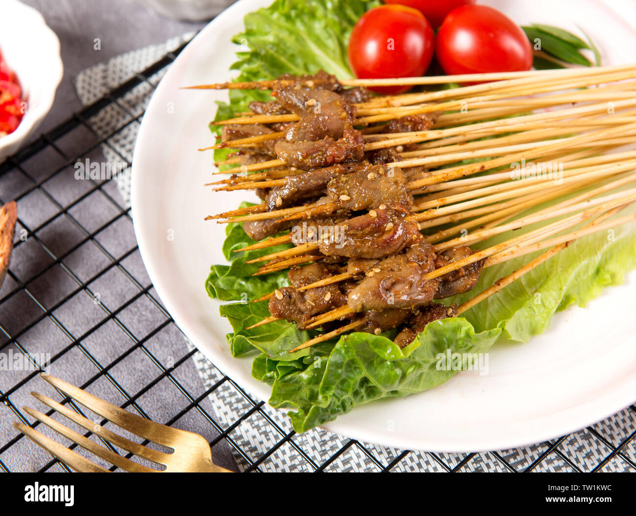 Iron plate barbecue lamb kebab, duck gizzard, lamb, pork beef Stock ...