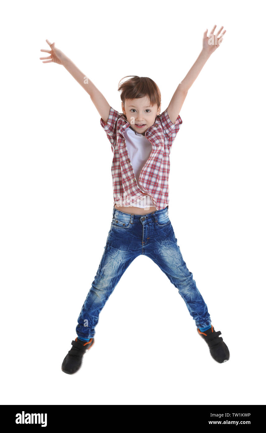 Cute boy jumping on white background Stock Photo - Alamy