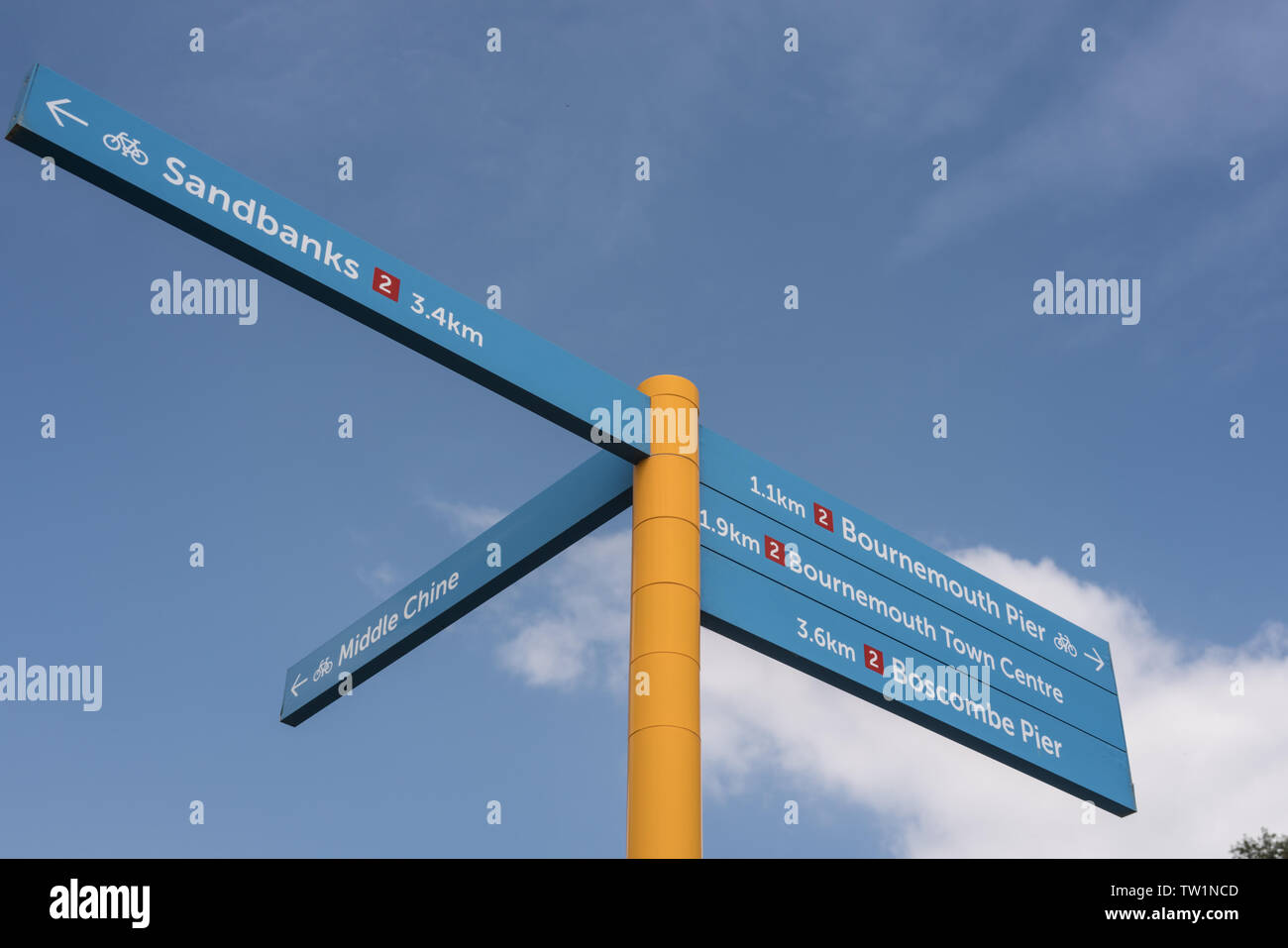 Signpost on Bournemouth beach near Middle Chine pointing to Sandbanks ...