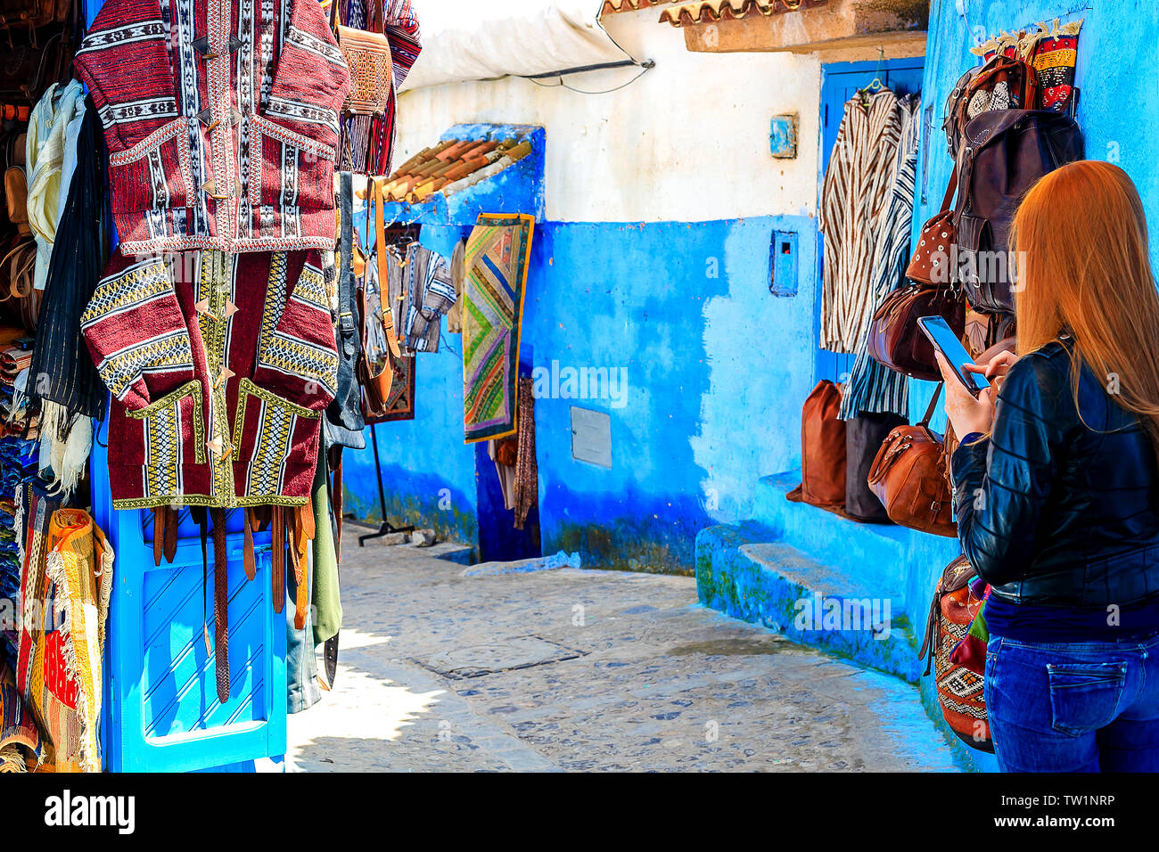 CHEFCHAOUEN, MOROCCO - APRIL 24, 2019: Colorful Moroccan fabrics and ...