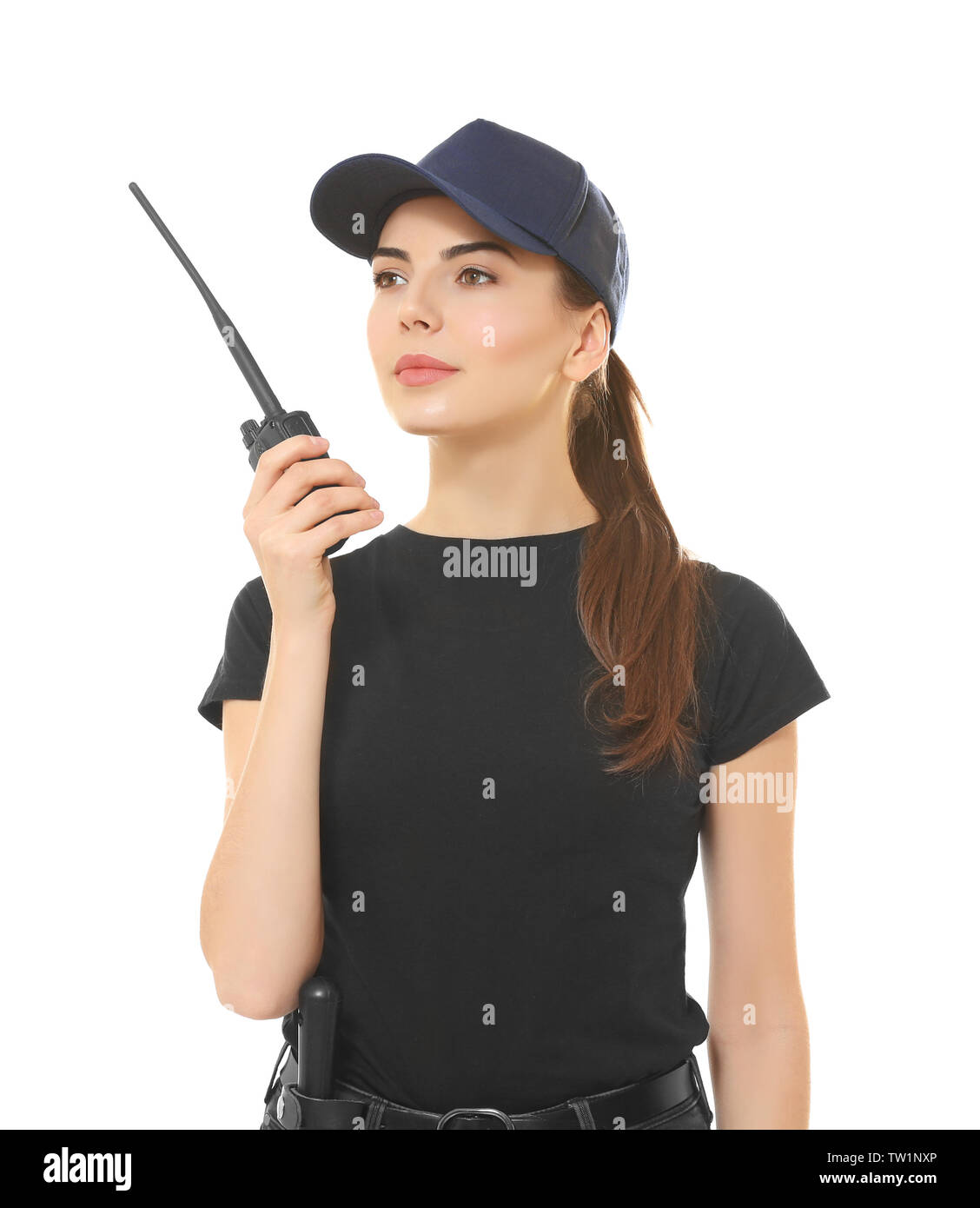 Beautiful young woman in security uniform on white background Stock ...