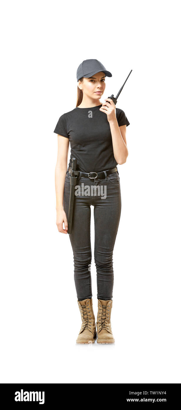 Beautiful young woman in security uniform on white background Stock ...