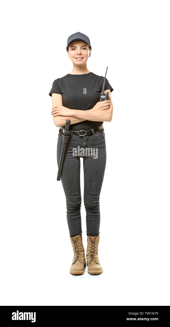 Beautiful young woman in security uniform on white background Stock ...