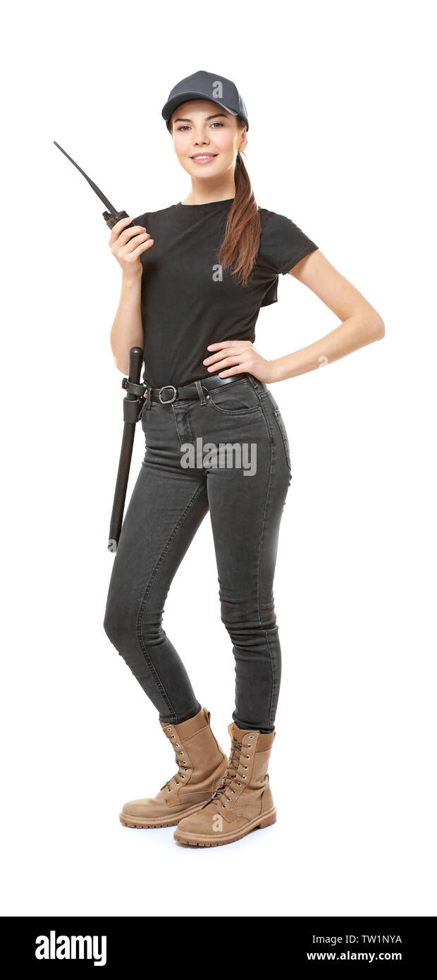 Beautiful young woman in security uniform on white background Stock ...