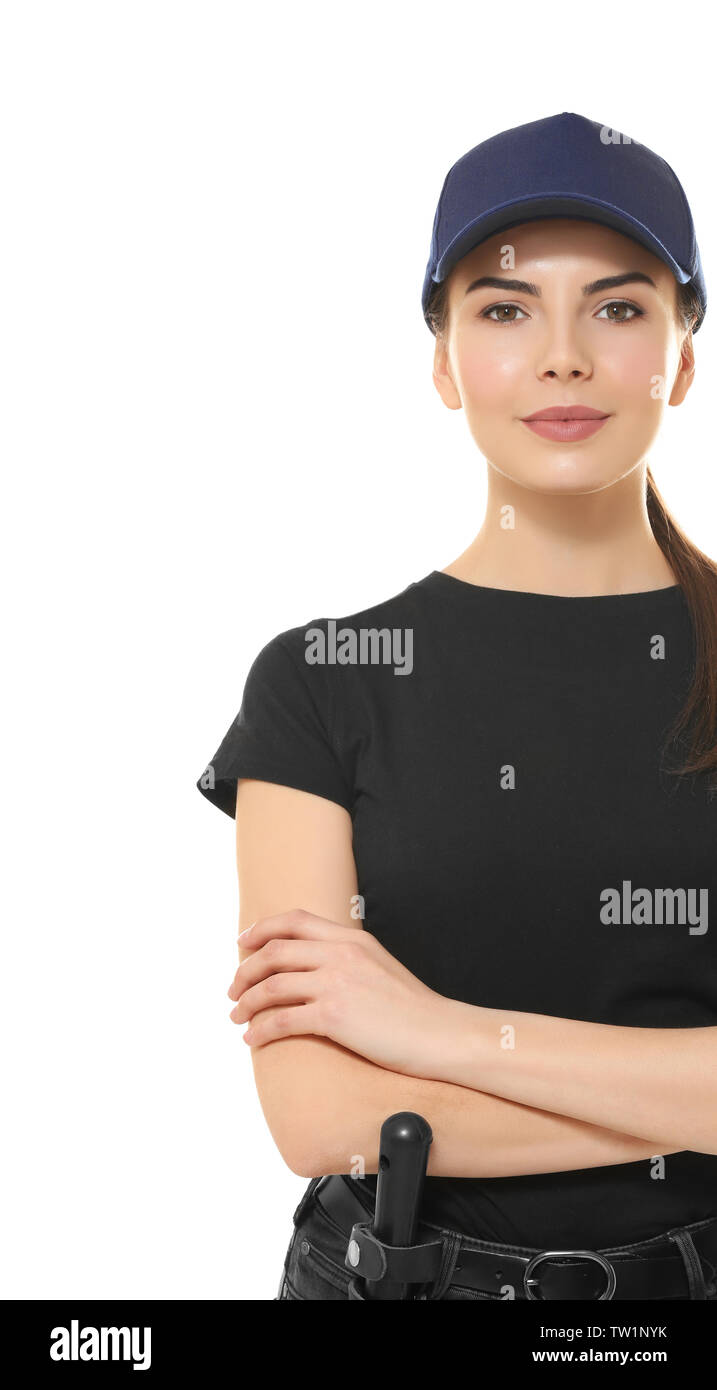 Beautiful young woman in security uniform on white background Stock ...
