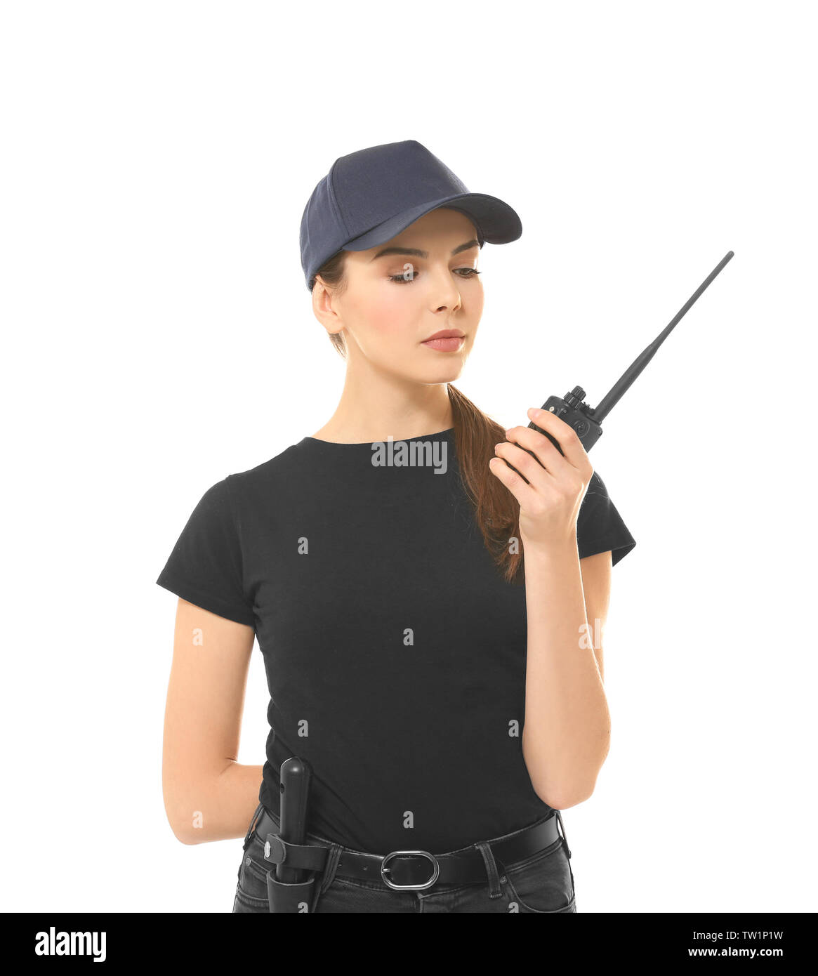 Beautiful young woman in security uniform on white background Stock ...