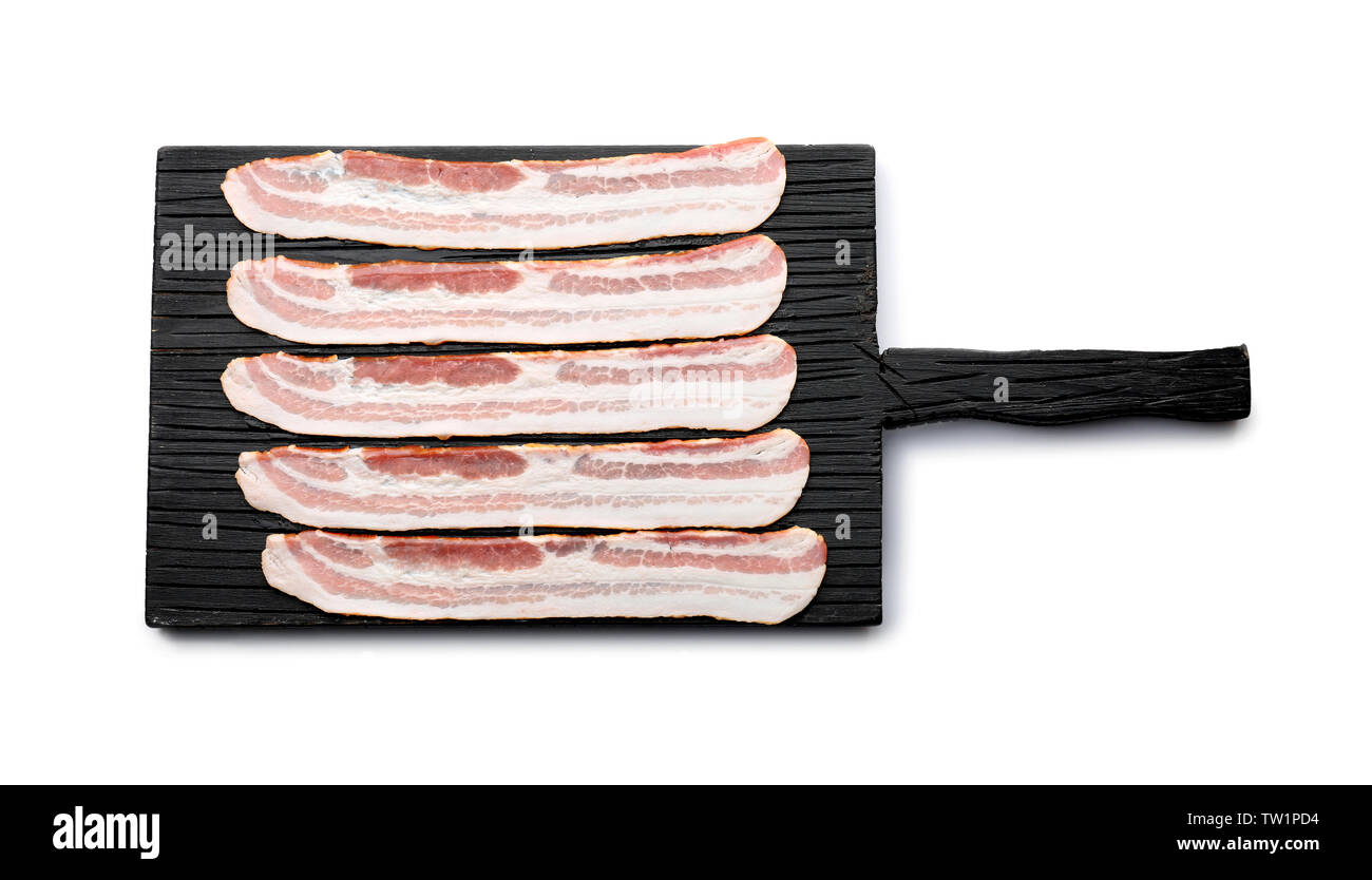 Wooden board with strips of bacon on white background Stock Photo - Alamy