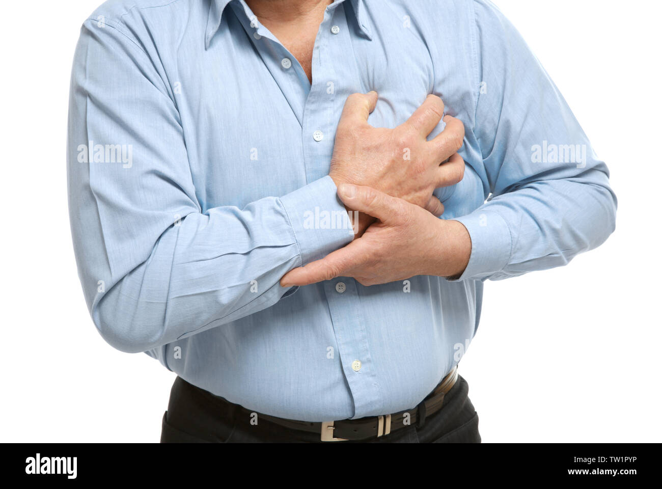 Elderly man holding hands on chest suffering from heart attack on white ...