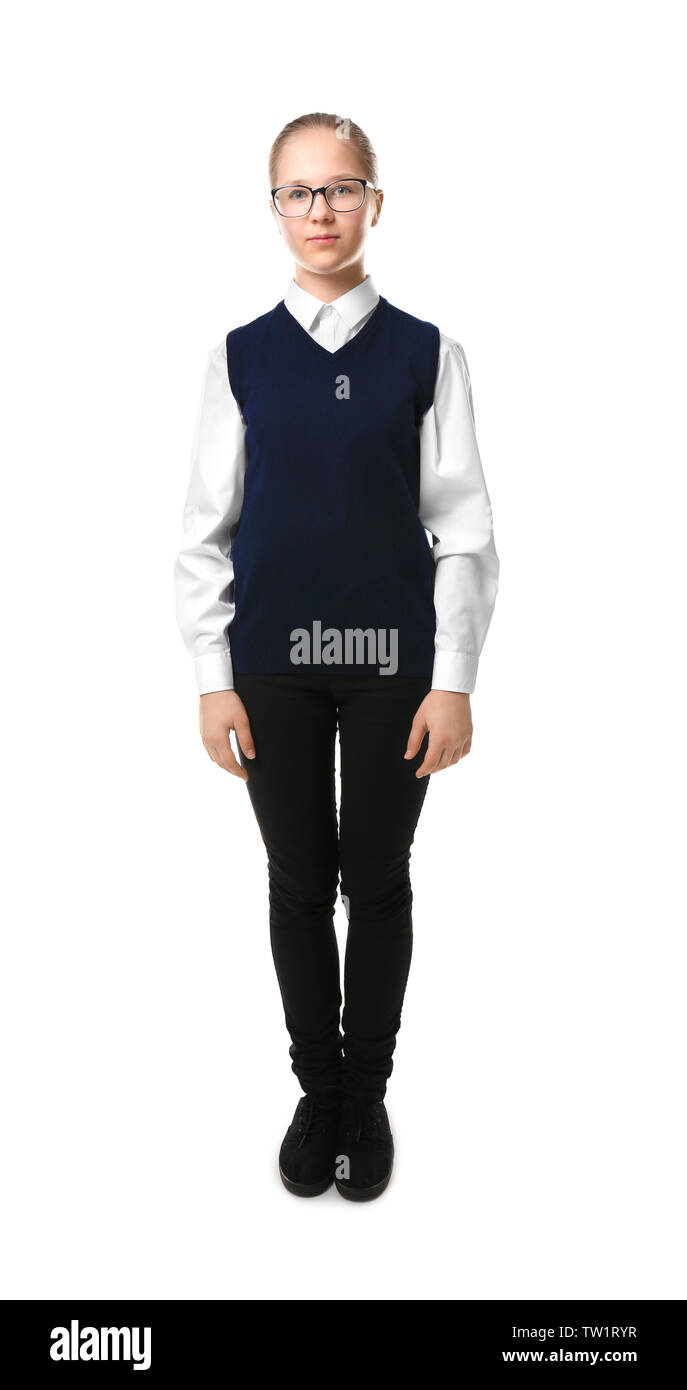 Cute girl in school uniform on white background Stock Photo - Alamy