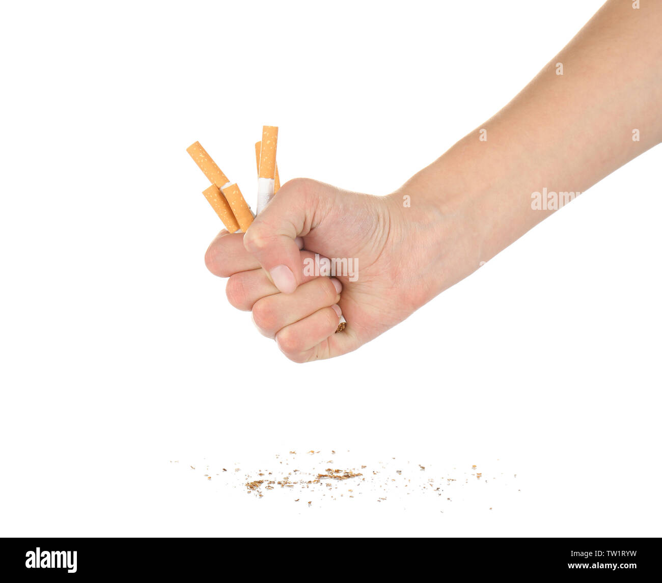 Human hand crushing cigarettes on white background Stock Photo - Alamy