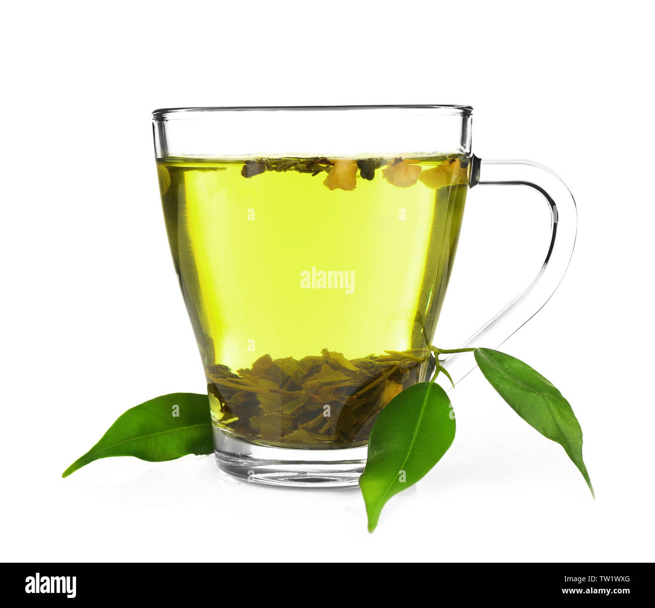 Cup of tea and green leaves isolated on white Stock Photo - Alamy