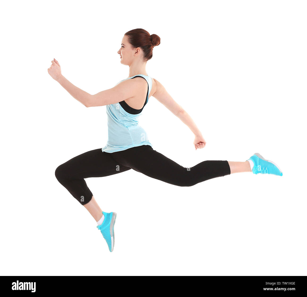 Young beautiful fitness girl training on white background Stock Photo ...