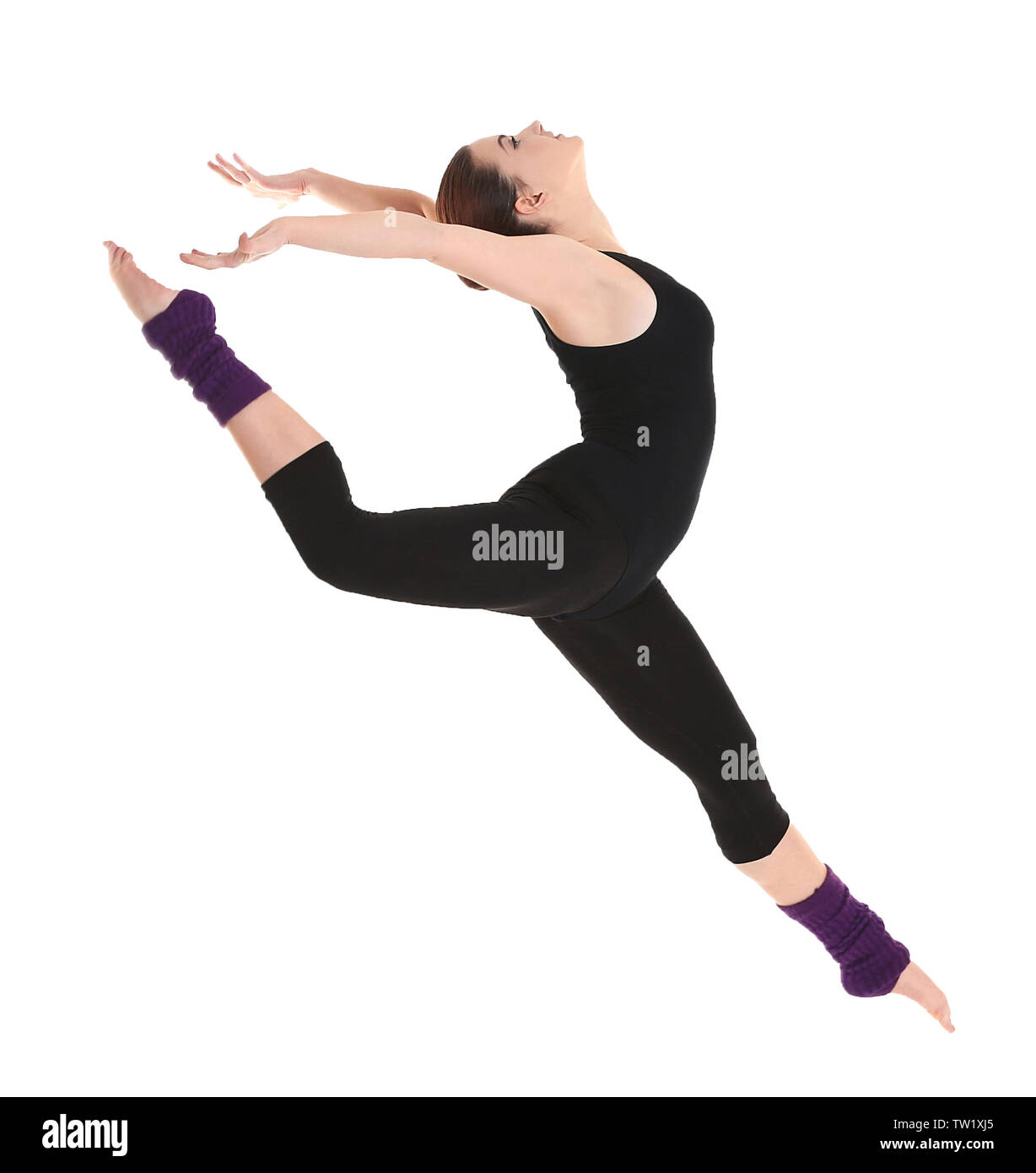 Young beautiful fitness girl training on white background Stock Photo ...