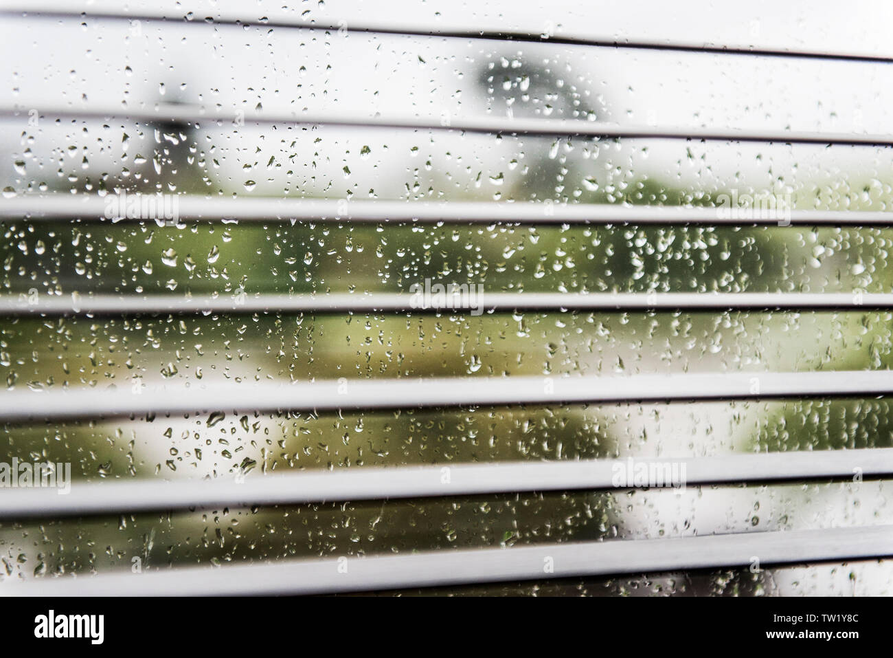 Raindrops on a window pane seen through blinds Stock Photo - Alamy