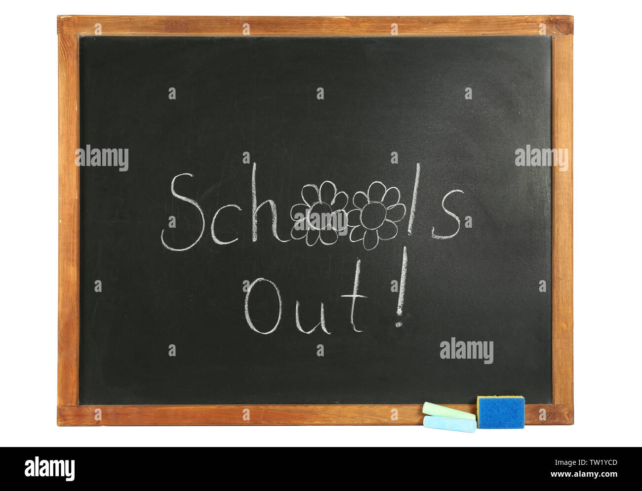"Schools out" text on chalkboard, white background Stock Photo - Alamy