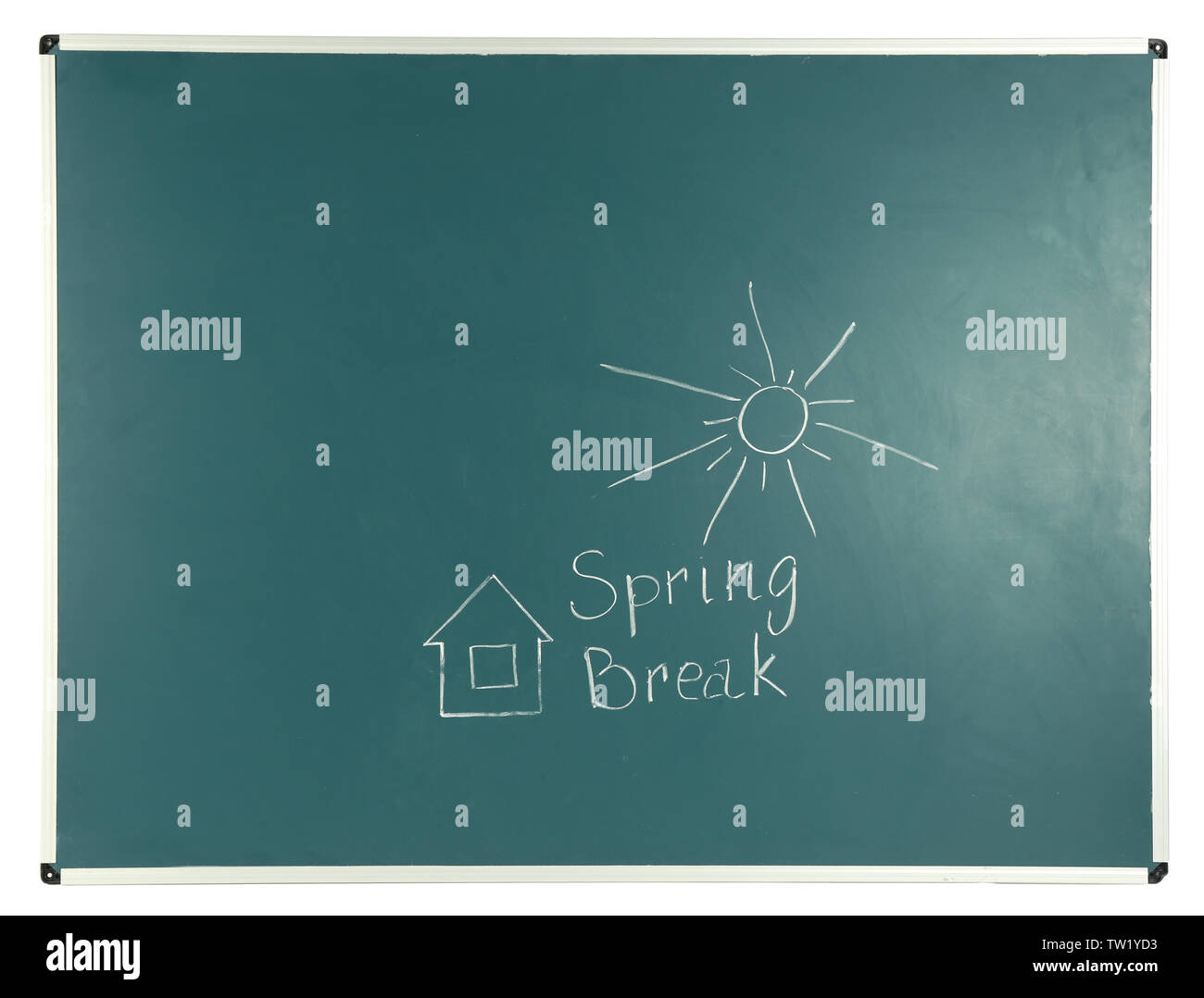 "Spring break" text and drawings on chalkboard, white background Stock ...