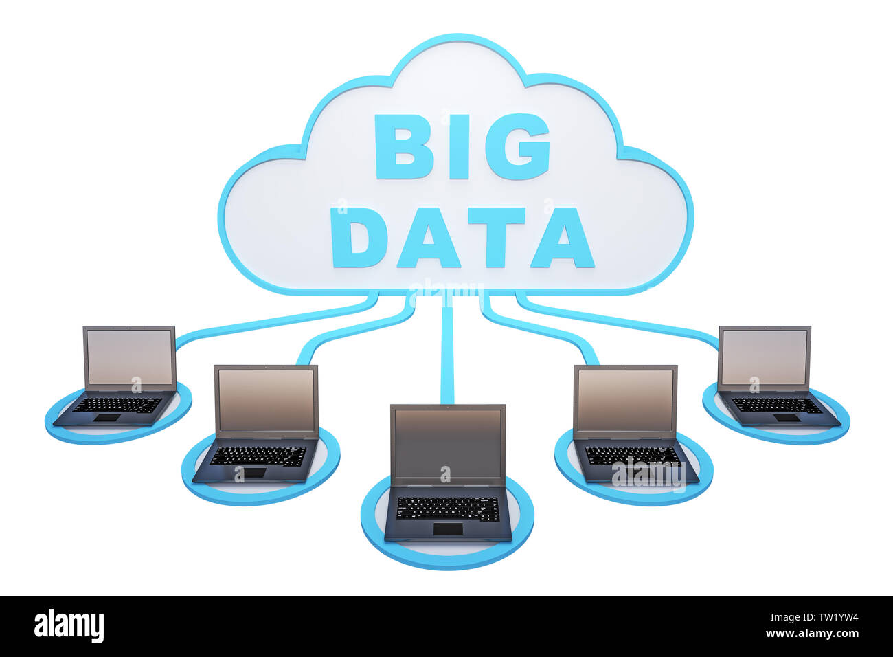 group of laptops connected to database cloud. 3d rendering Stock Photo ...