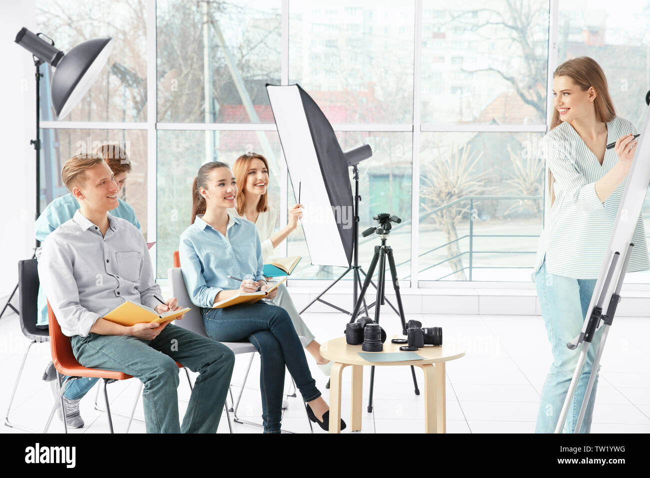 Group of students with instructor during photography classes Stock ...
