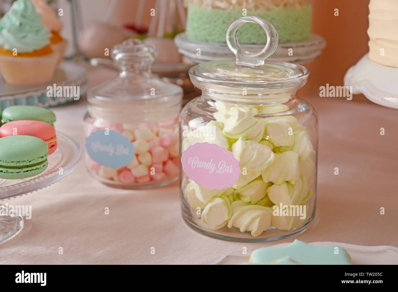 Candy bar. Table with different sweets for party Stock Photo - Alamy