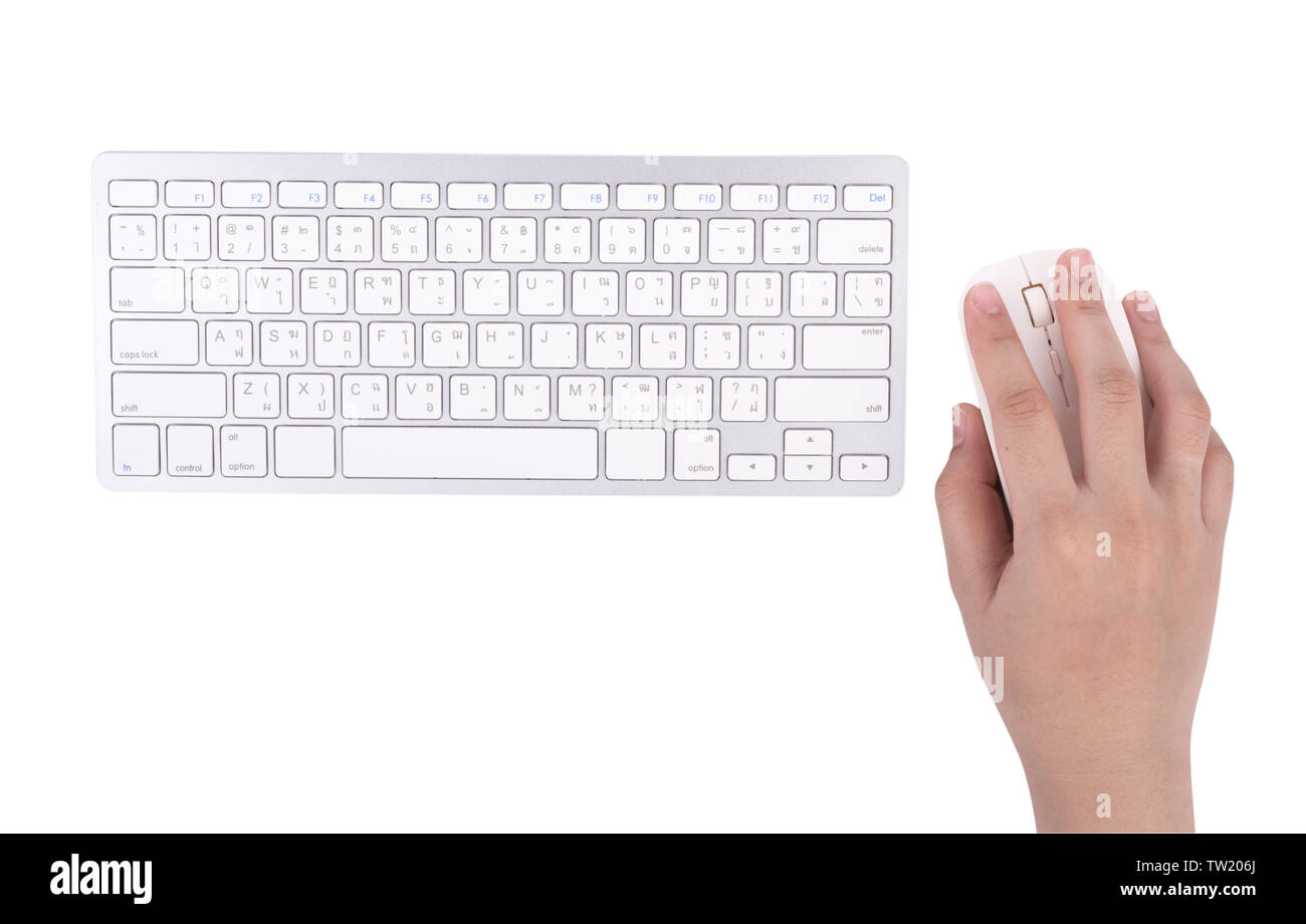 Woman working at home office hand on keyboard on white background Stock ...