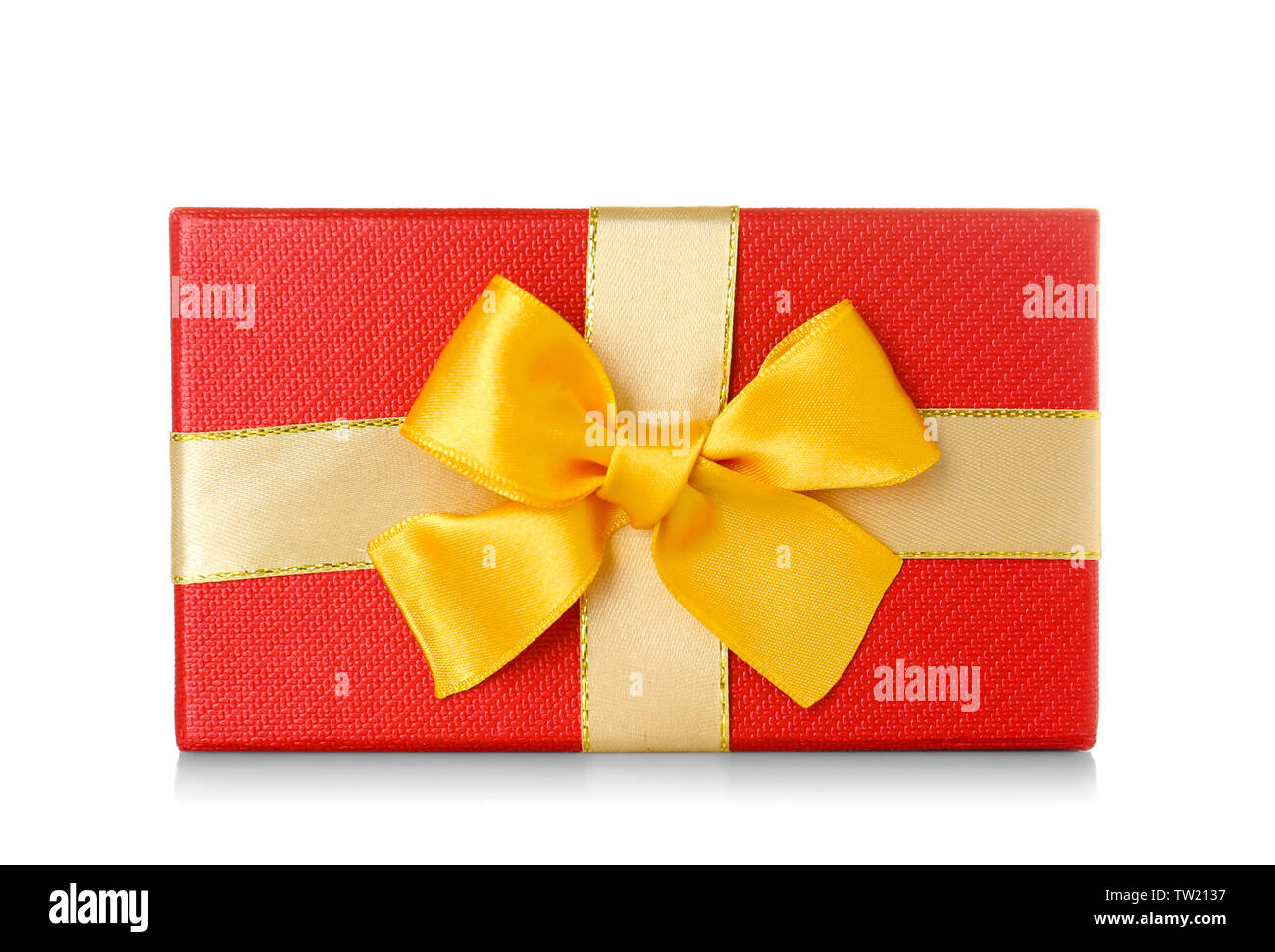 Beautiful red gift box with golden ribbon on white background Stock ...