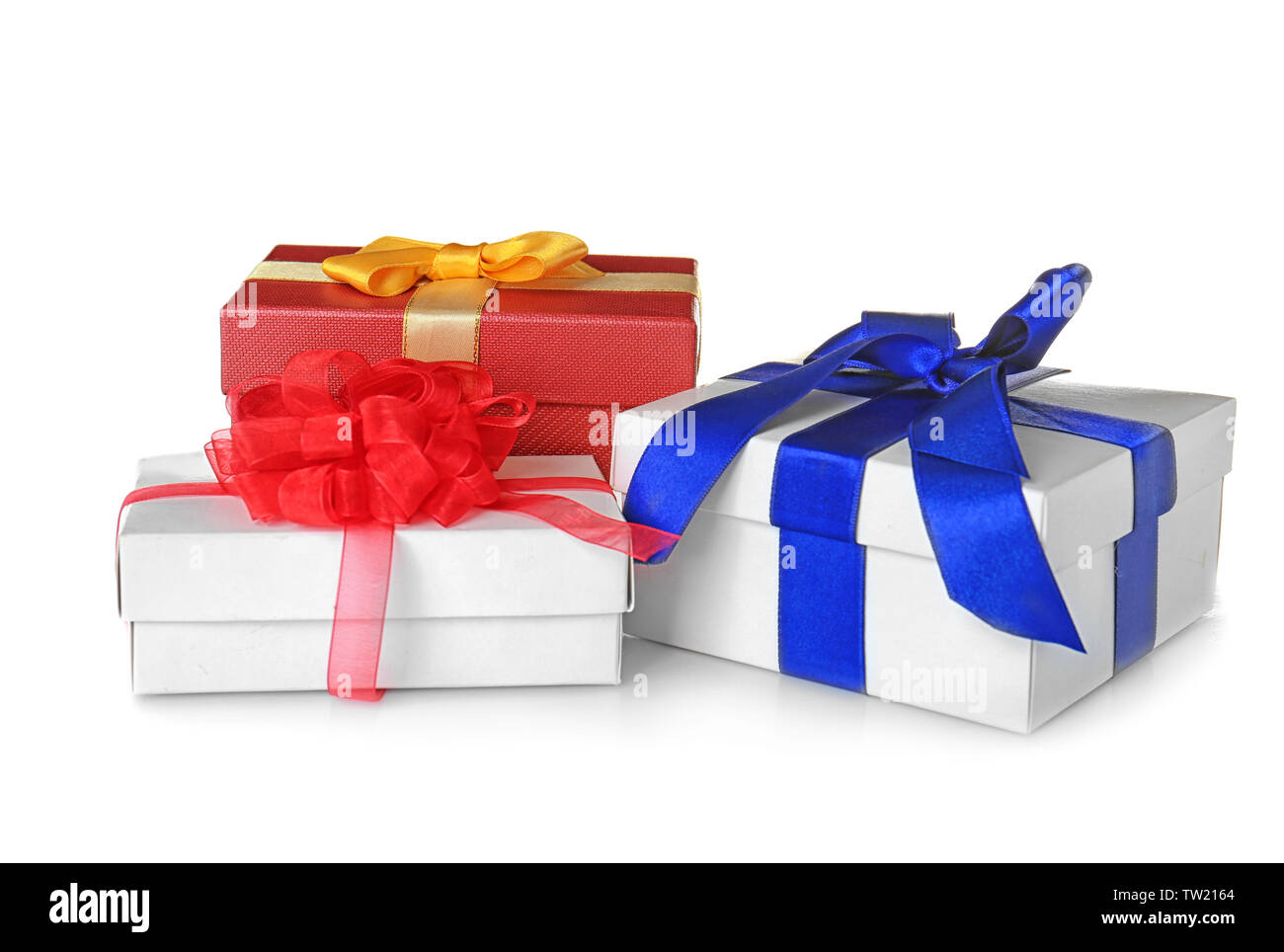 Set of beautiful gift boxes with wonderful bows of shiny ribbons on ...