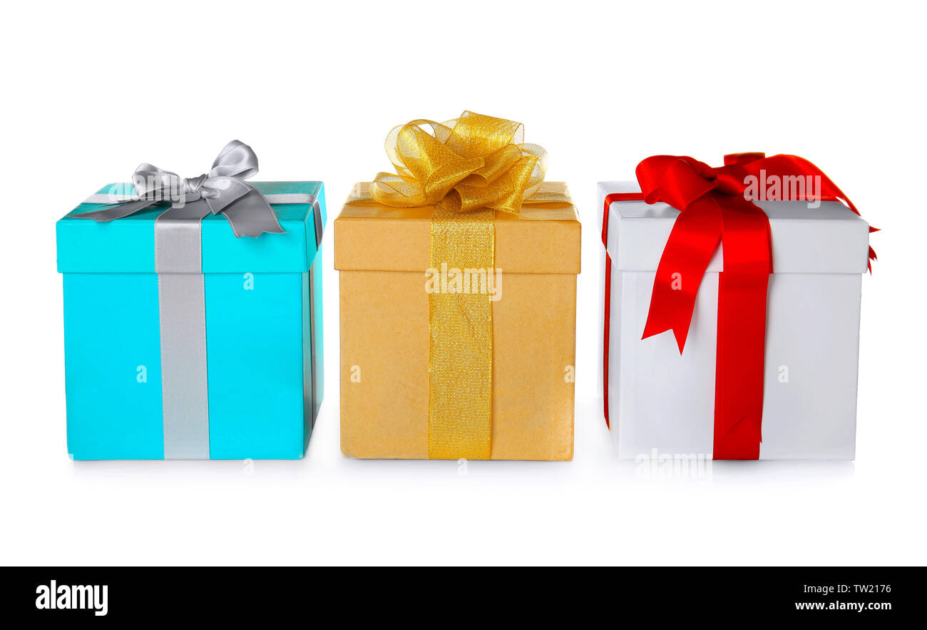 Set of beautiful gift boxes with wonderful bows of shiny ribbons on ...