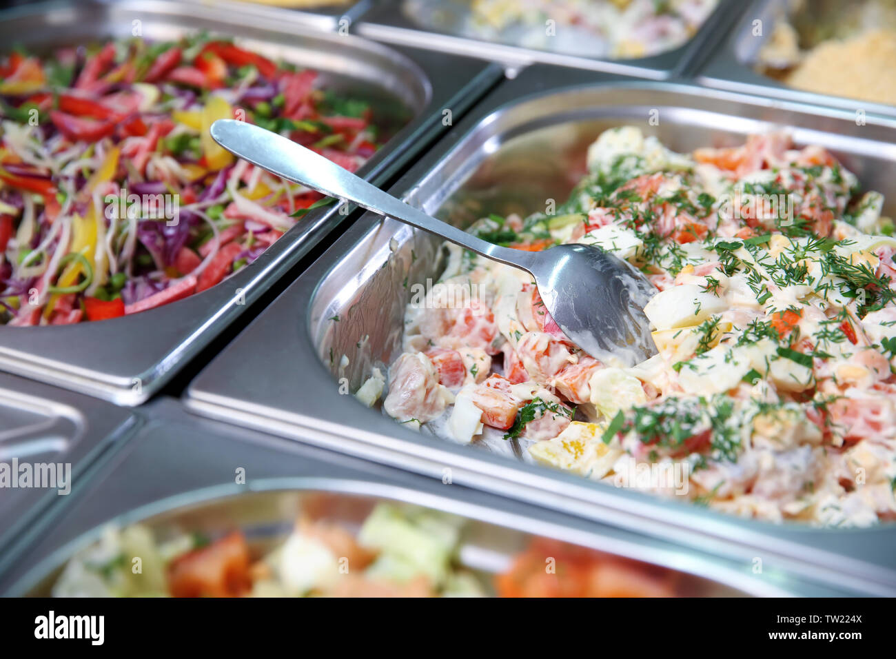 Steel self service trays filled with delicious food Stock Photo - Alamy