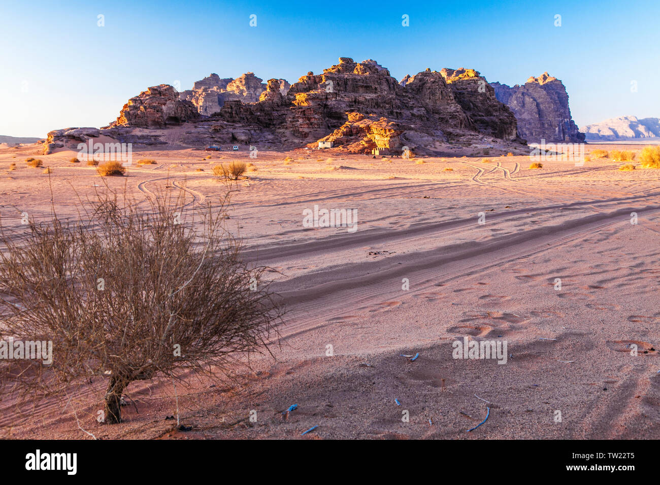 Rock formations in the Jordanian desert at Wadi Rum or Valley of the ...