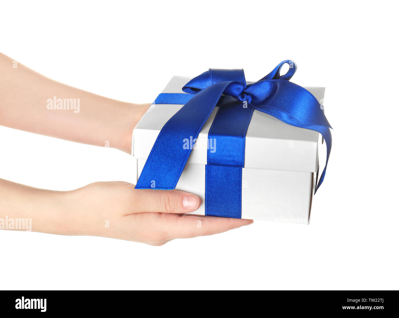 Hands holding beautiful gift box on white background Stock Photo - Alamy
