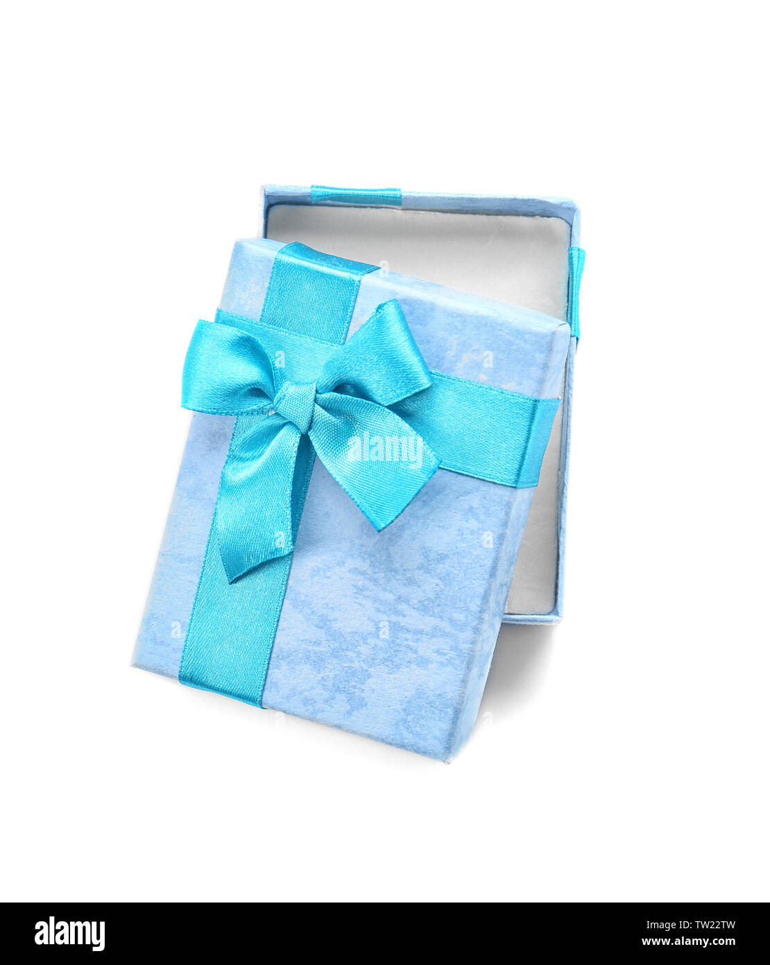 Open blue gift box with satin ribbon on white background Stock Photo ...