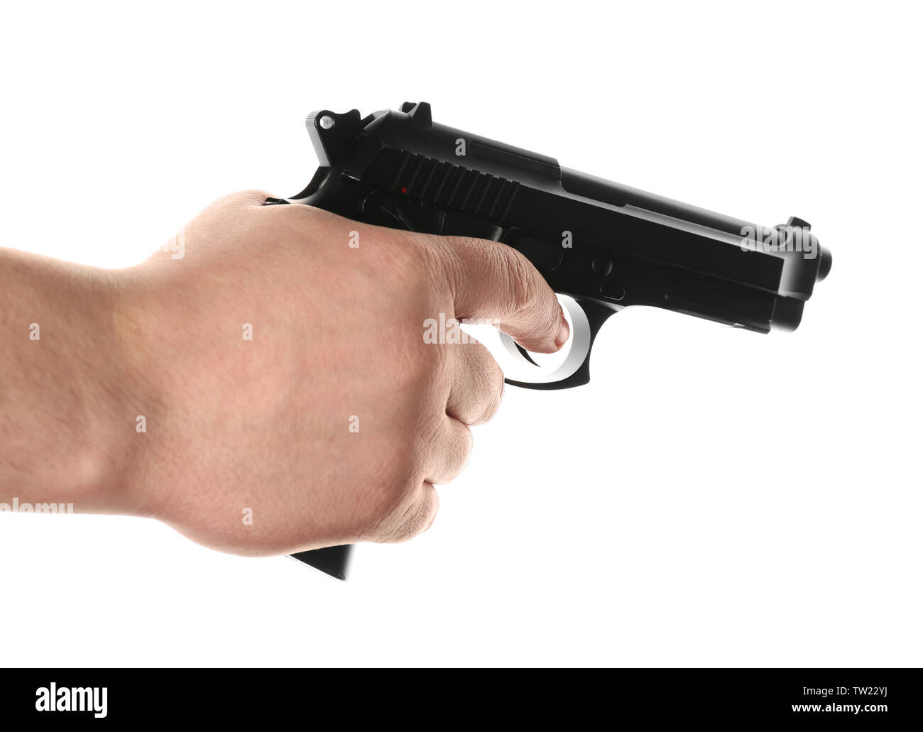 Man's hand holding gun on white background Stock Photo - Alamy