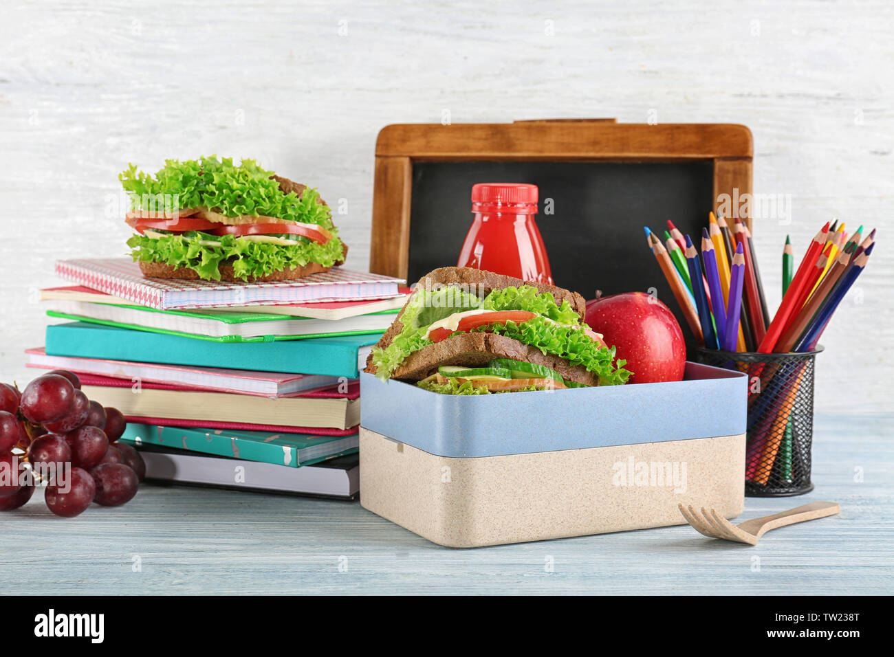 Meal for school lunch on table Stock Photo - Alamy