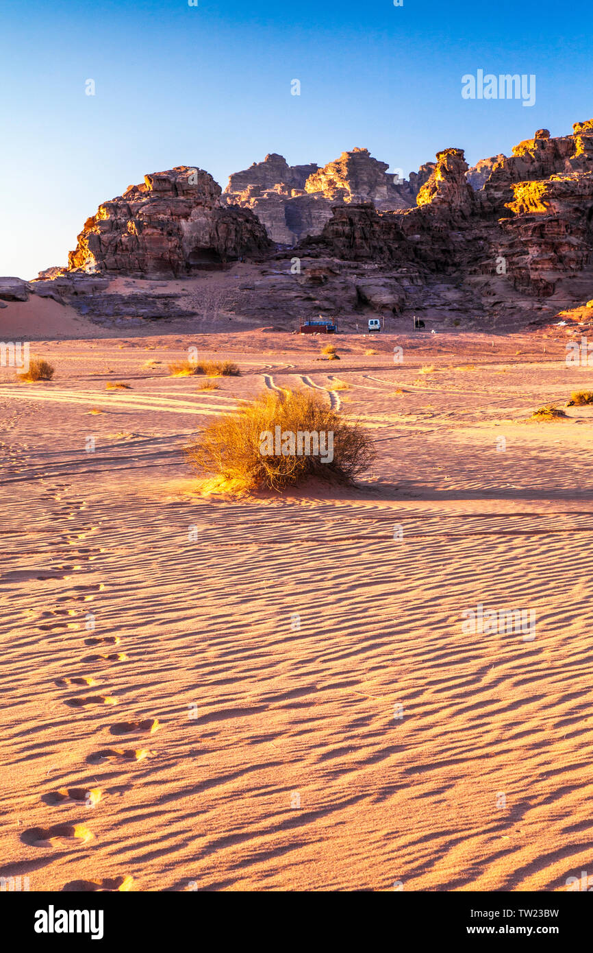 Rock formations in the Jordanian desert at Wadi Rum or Valley of the ...