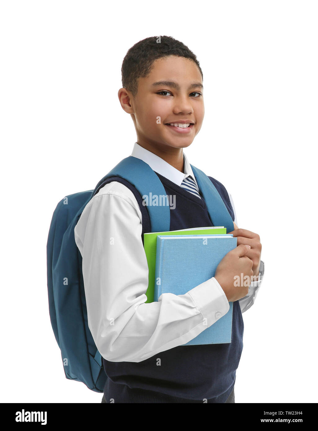 Cute boy with backpack on white background Stock Photo - Alamy