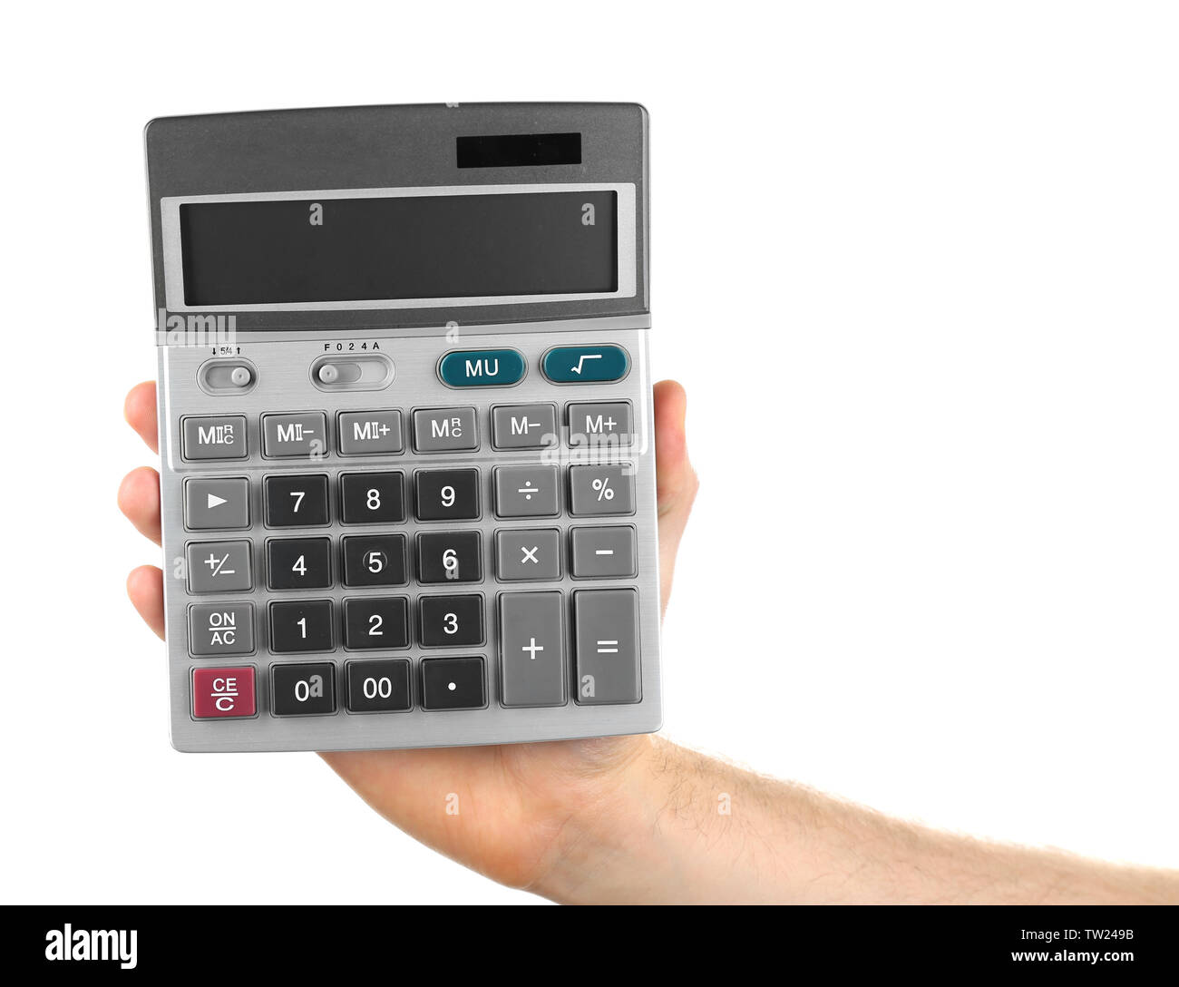 Male hand holding calculator on white background Stock Photo - Alamy