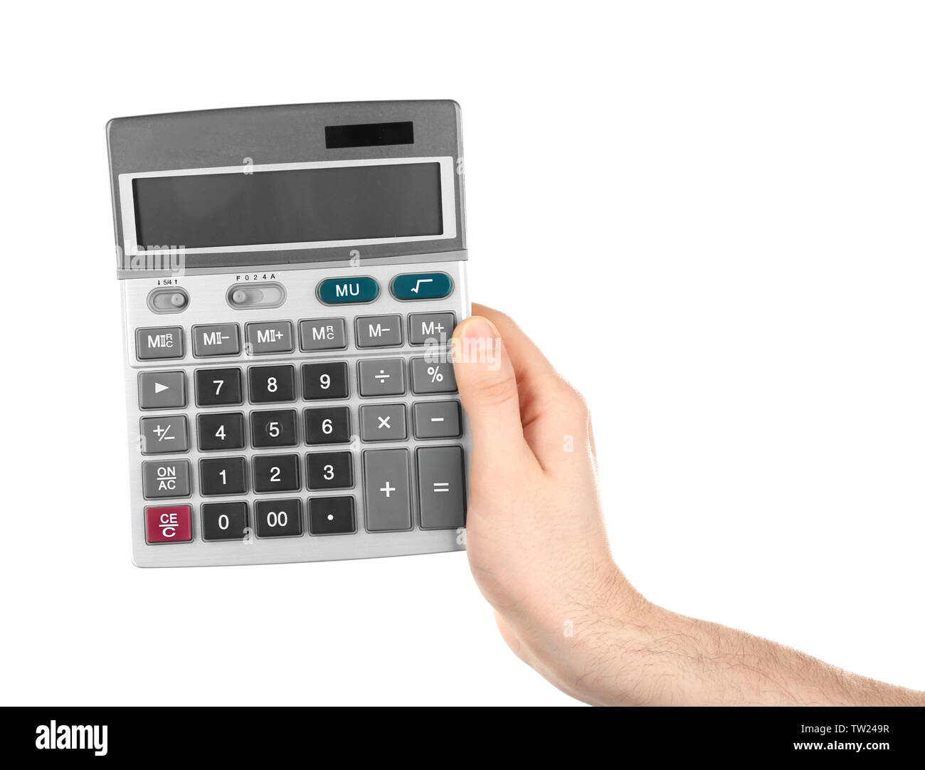 Male hand holding calculator on white background Stock Photo - Alamy