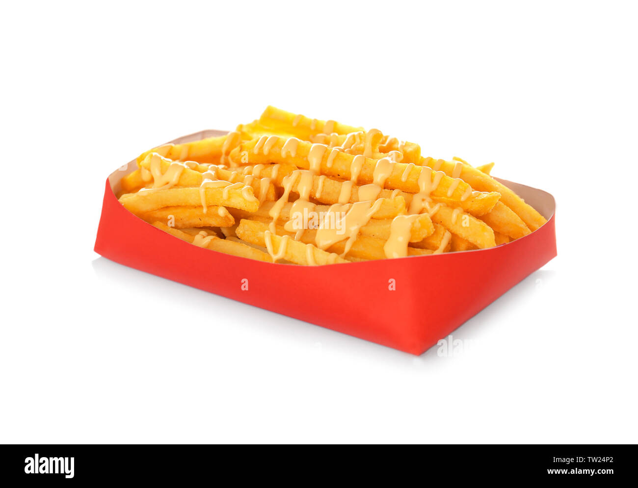 Paper red box full of delicious french fries with cheese sauce on white ...