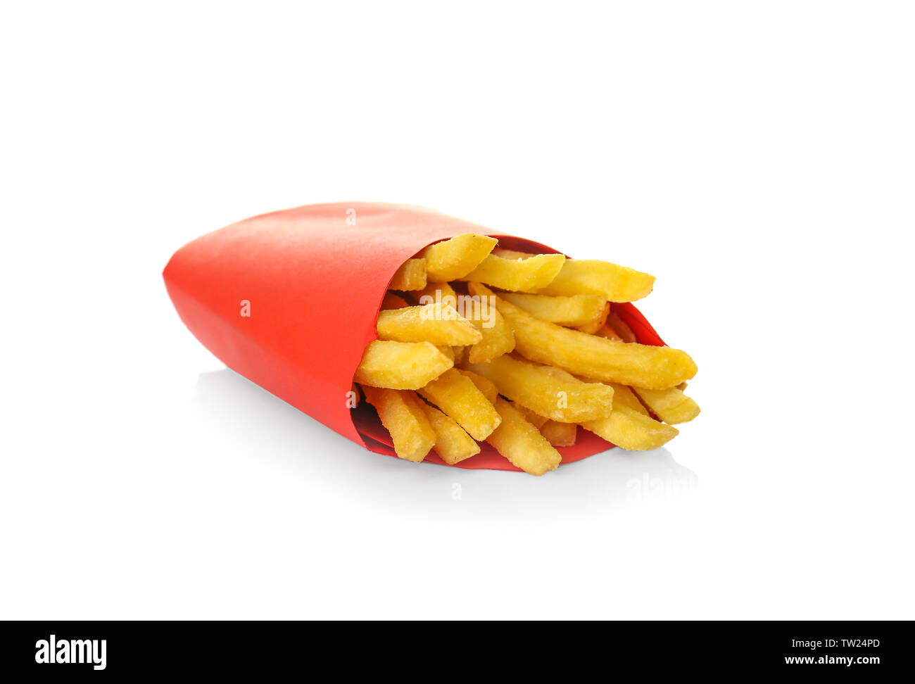 Paper red box full of delicious french fries on white background Stock ...
