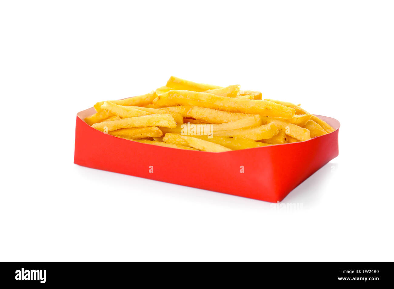 Paper red box full of delicious french fries on white background Stock ...