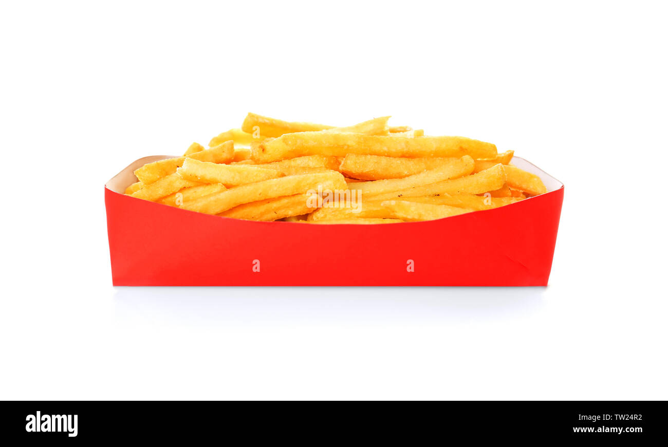 Paper red box full of delicious french fries on white background Stock ...
