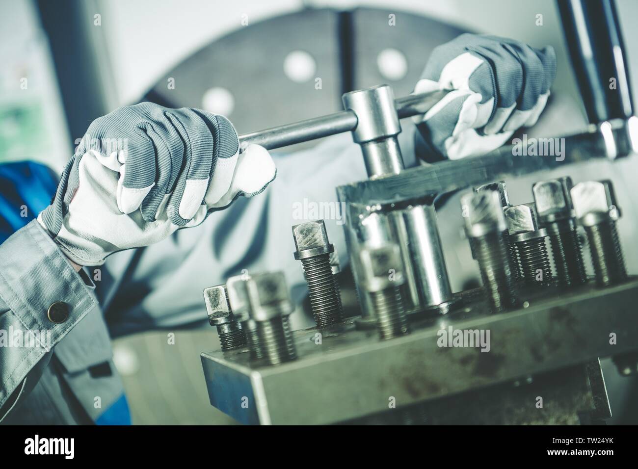 Metalworking Industry Worker Adjusting Lathe Machine. Industrial Theme ...