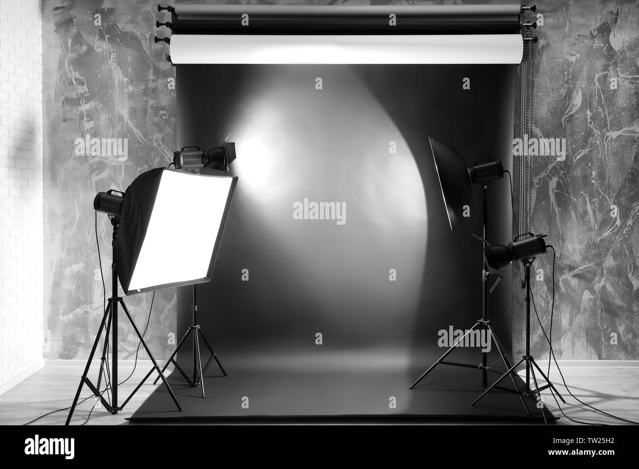 Modern photo studio interior with professional lighting equipment Stock ...