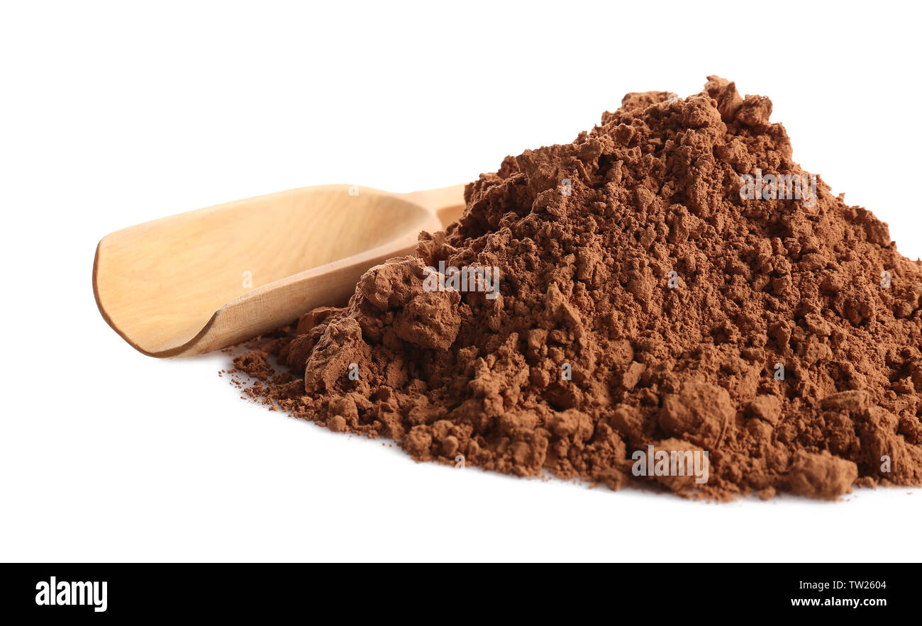 Heap of cocoa powder and wooden scoop on white background Stock Photo ...