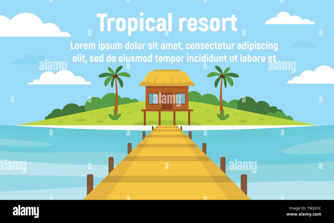 Island tropical resort concept banner. Flat illustration of island ...