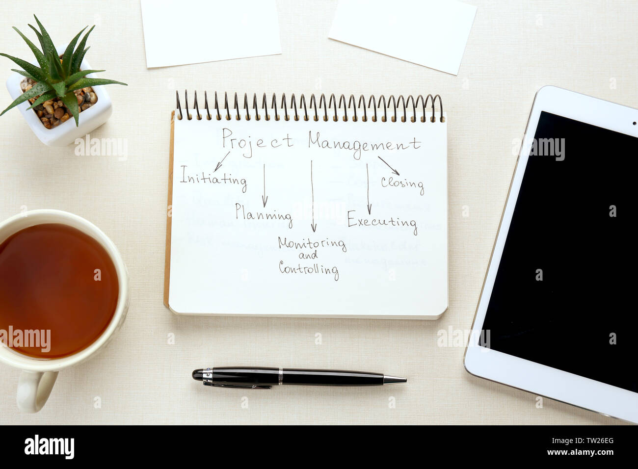 Notebook with written features of PROJECT MANAGEMENT on light ...